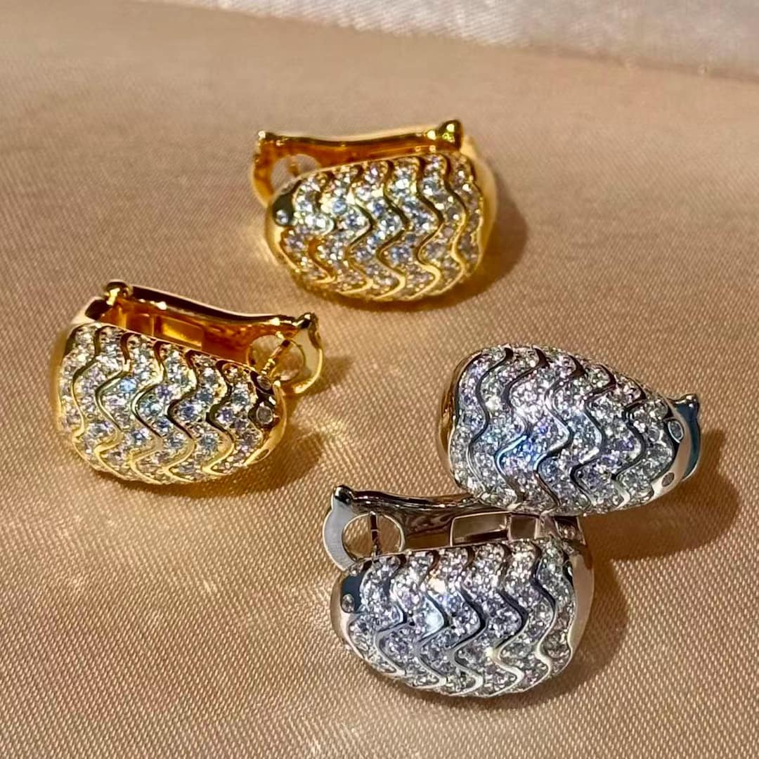 Italian Vintage Old Money Wave Pattern Full Diamond Stud Earrings ...