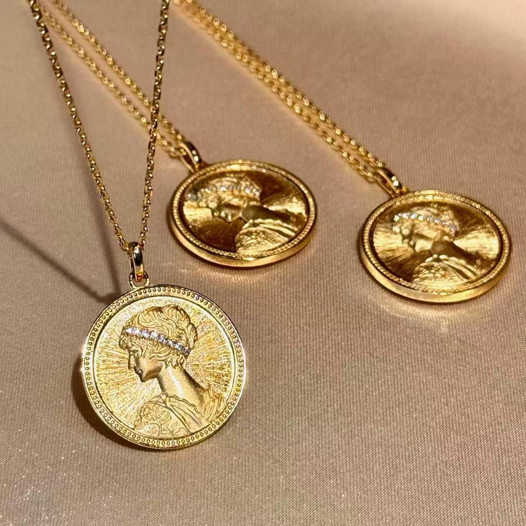Hand Brushed Double Sided Gold Coin Pendant Necklace Luxury Vintage ...