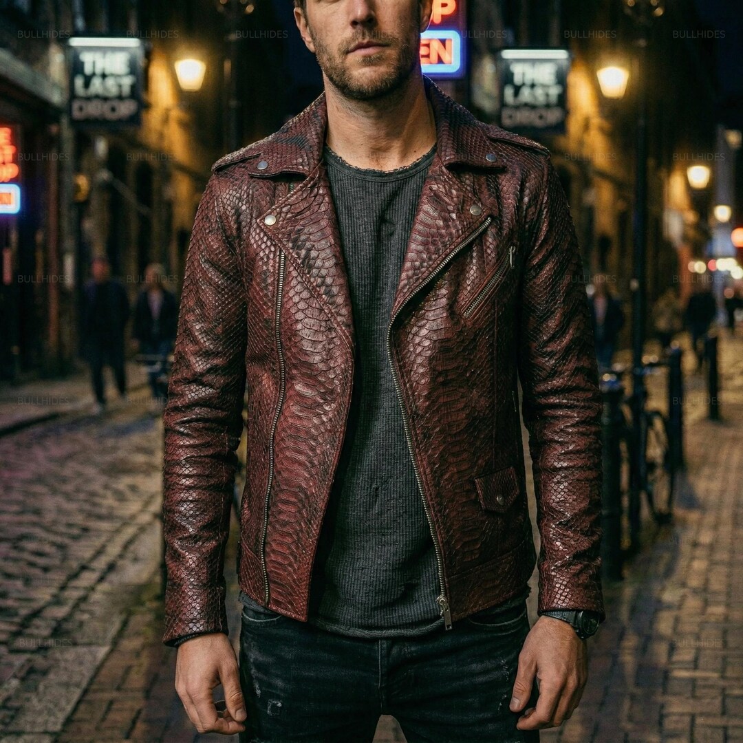 Men's Dark-red Snake Textured Leather-jacket | Handmade Genuine-leather ...