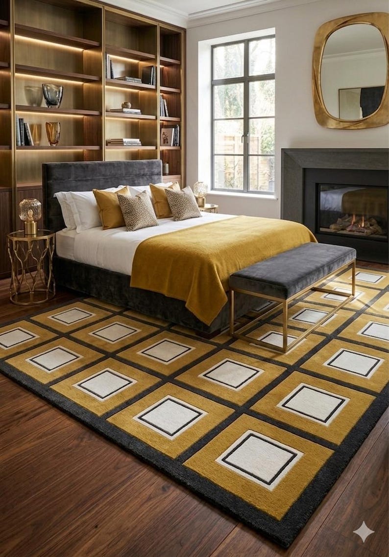 Hand-tufted Wool Rug | Ochre Charcoal Geometric Grid | Mid Century ...