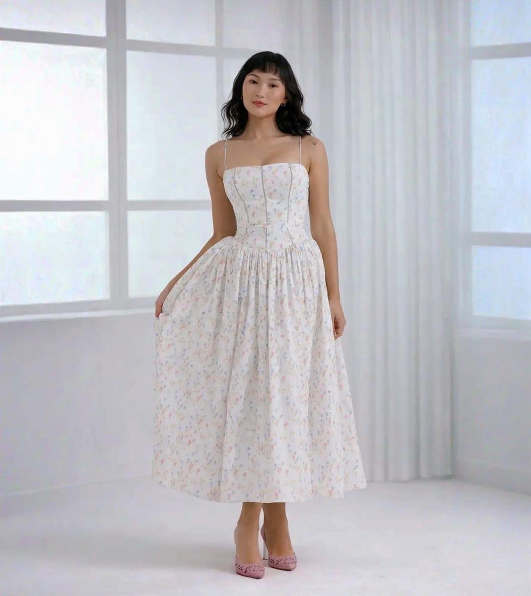 Boho Floral Corset Midi Dress Cottagecore Summer A Line Sundress - Etsy
