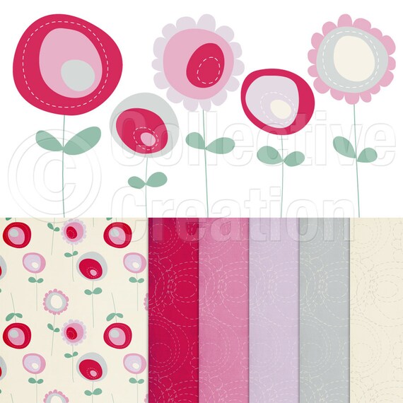 Mia Digital Paper and Flower Clip Art Set Commercial and | Etsy