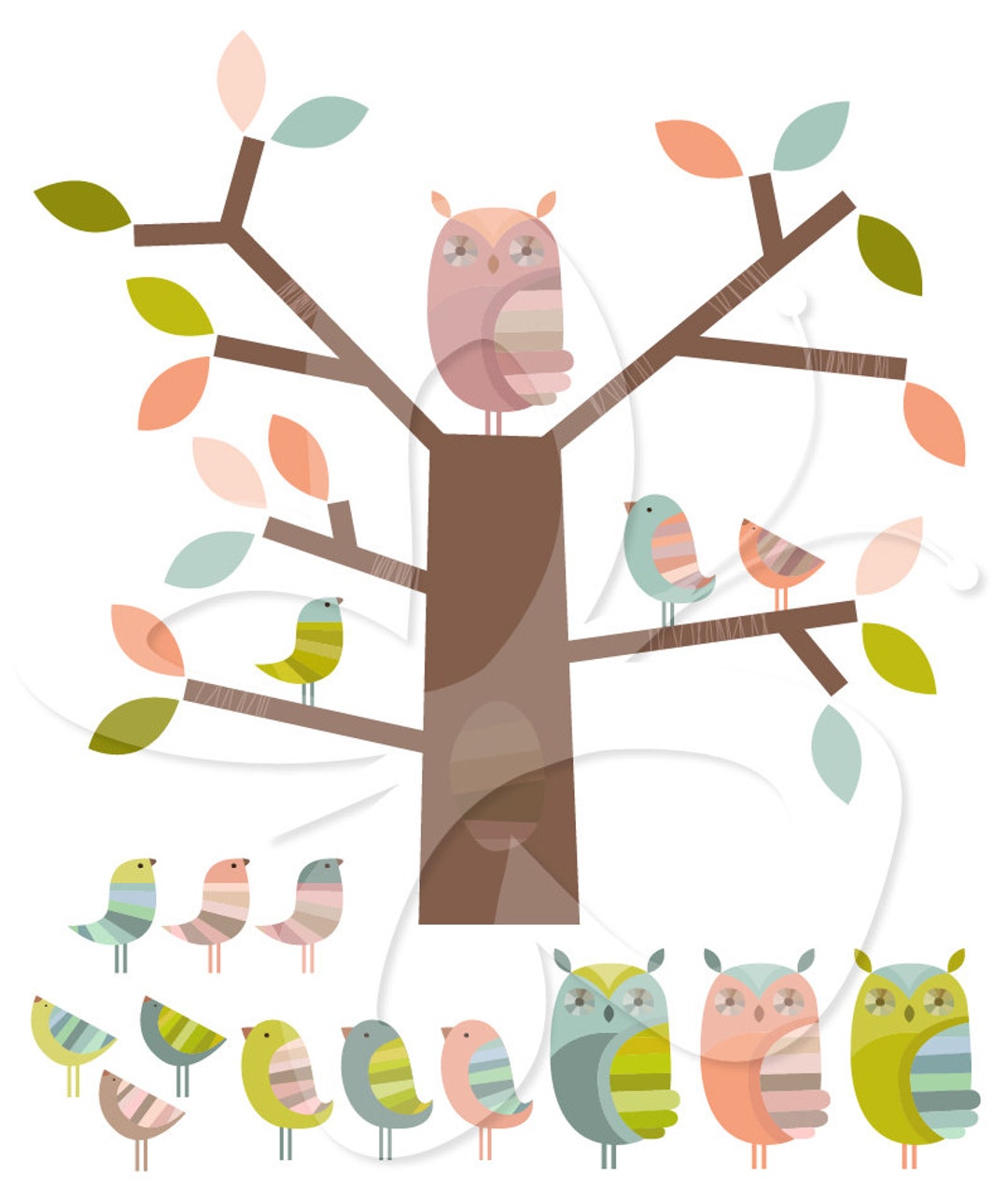 Bird and Owl Tree Digital Clipart Clip Art Set Commercial and Personal ...