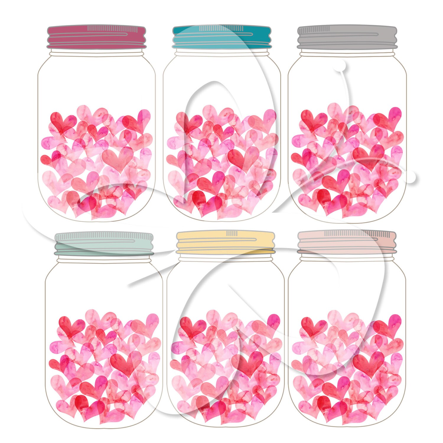 Jar of Hearts Watercolor Watercolour Clipart Set Commercial and ...