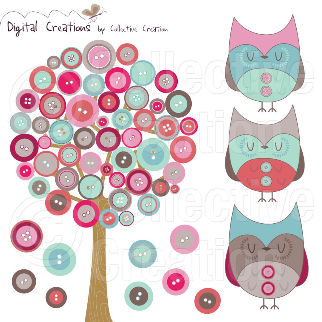 Button Tree and Owls Digital Clip Art Set Personal and Commercial Use ...