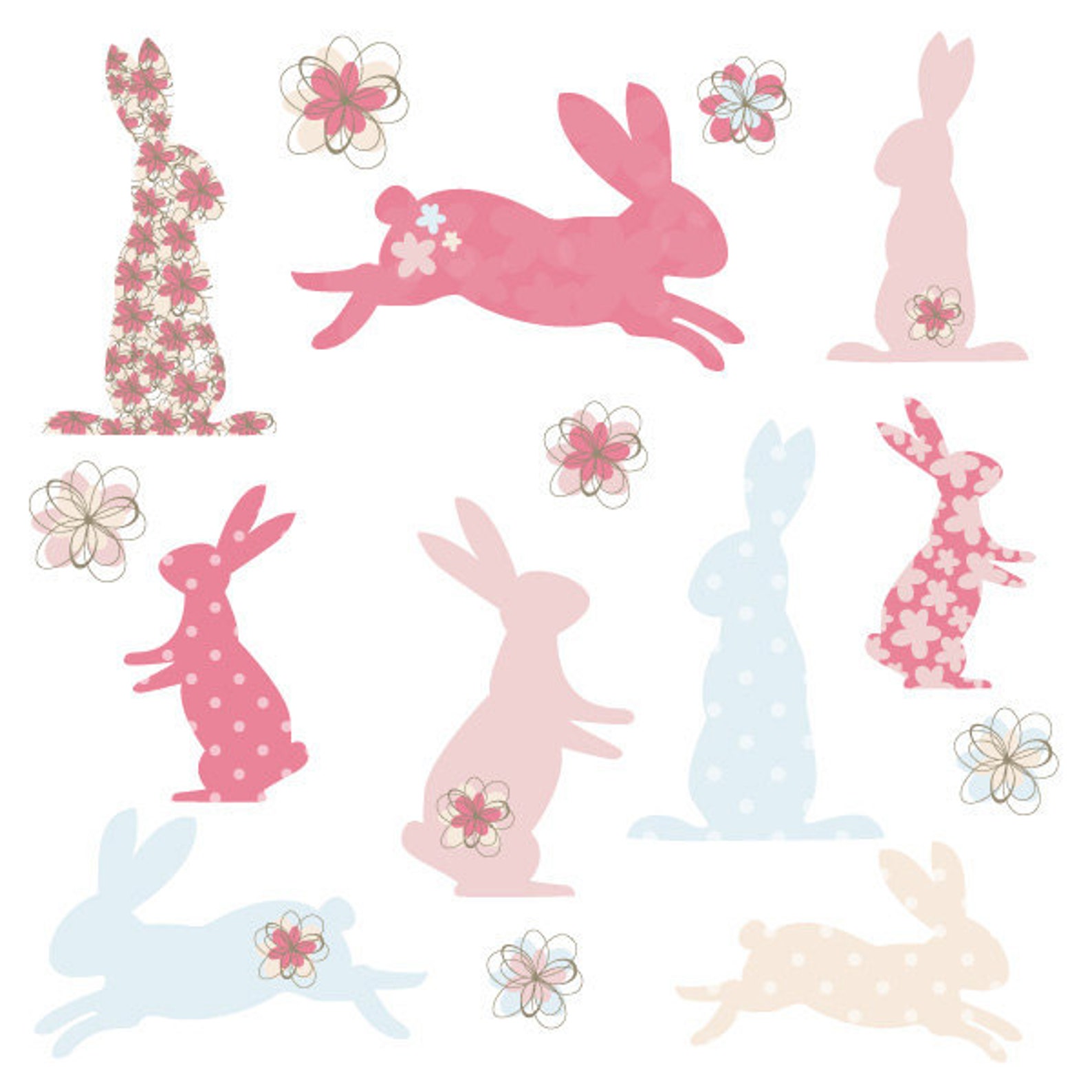 Bunny Rabbit Silhouette Shapes in Cute Pink and Blue Digital - Etsy