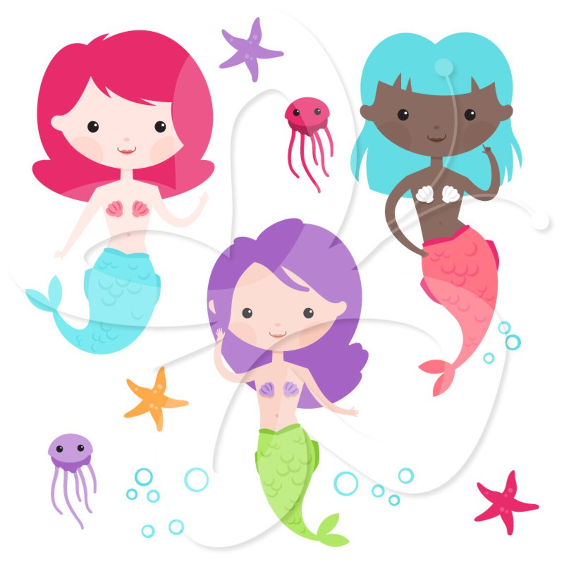Little Mermaids Digital Clip Art Clipart Set Personal and - Etsy