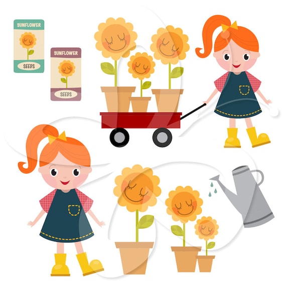 Planting Sunflowers Clip Art Clipart Set Commercial and | Etsy