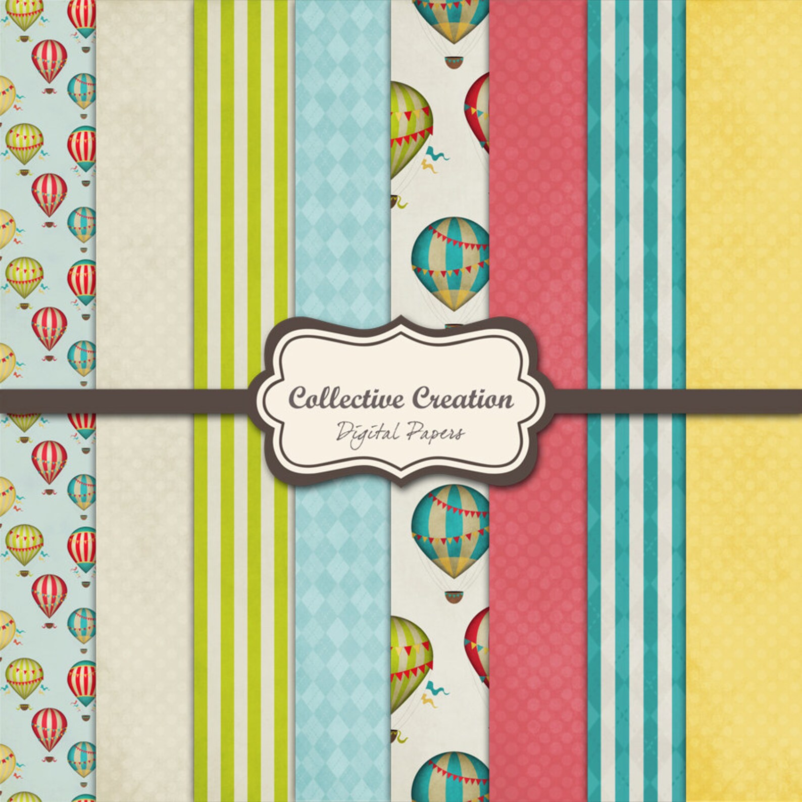 Vintage Hot Air Balloons Digital Paper Set Commercial and Personal Use ...