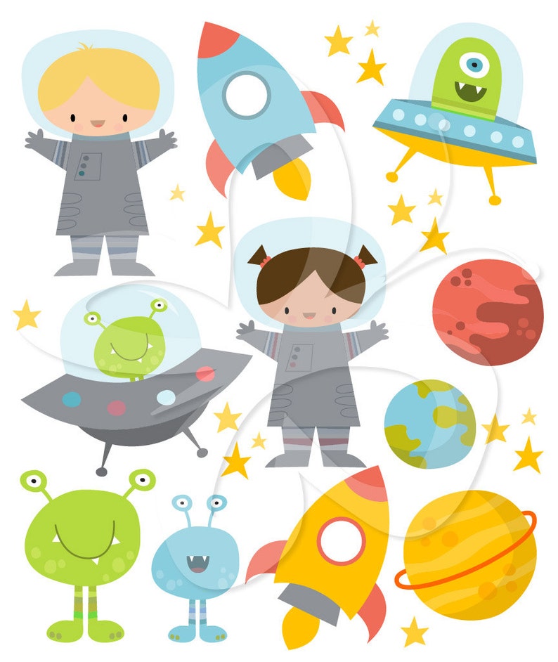 Cute Space Clipart Set Rockets Aliens Planets and - Etsy