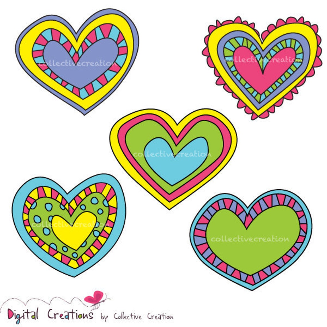 Bright Doodle Hearts Digital Clipart Ideal for Scrapbooking, Card ...