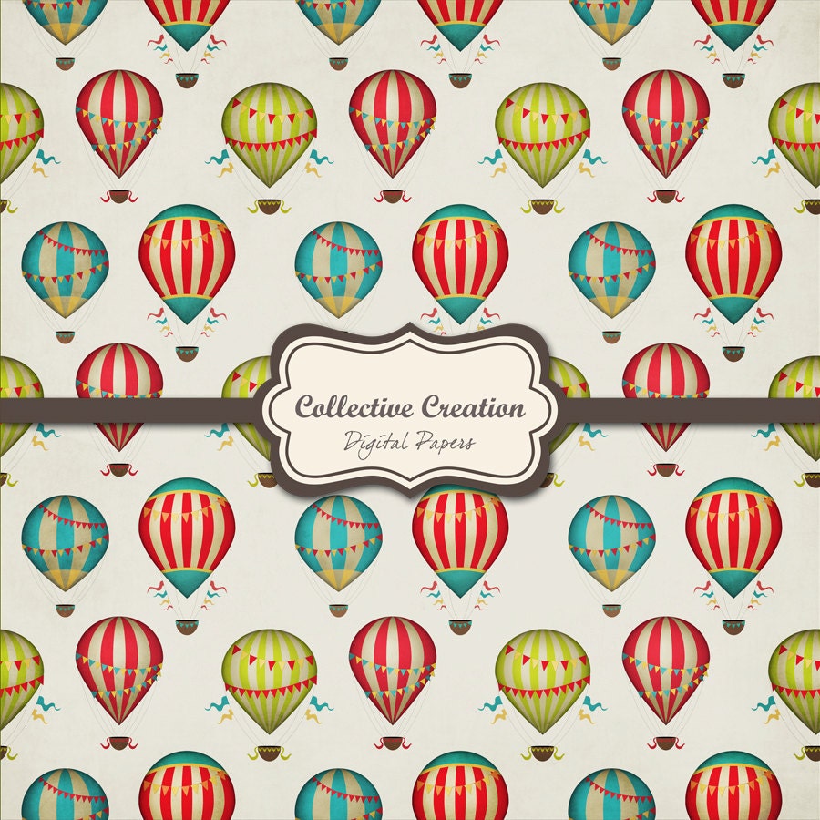 Vintage Hot Air Balloons Digital Paper Set Commercial and Personal Use ...