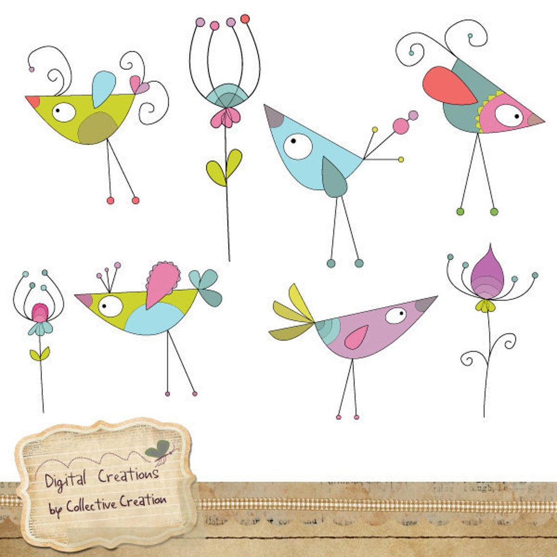 Birdie Num Nums Digital Clipart Set Cute Birds and Flowers Perfect for ...