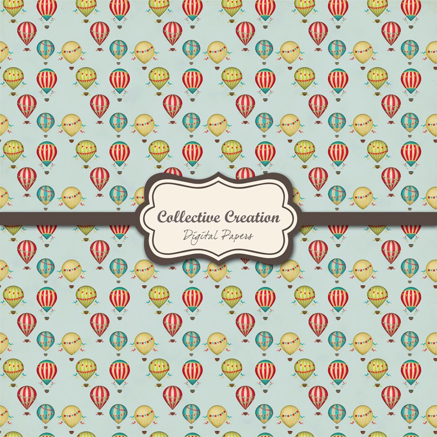 Vintage Hot Air Balloons Digital Paper Set Commercial and Personal Use ...