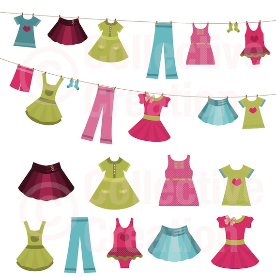 Girls Clothes on Line Clip Art Clipart Set Personal and | Etsy