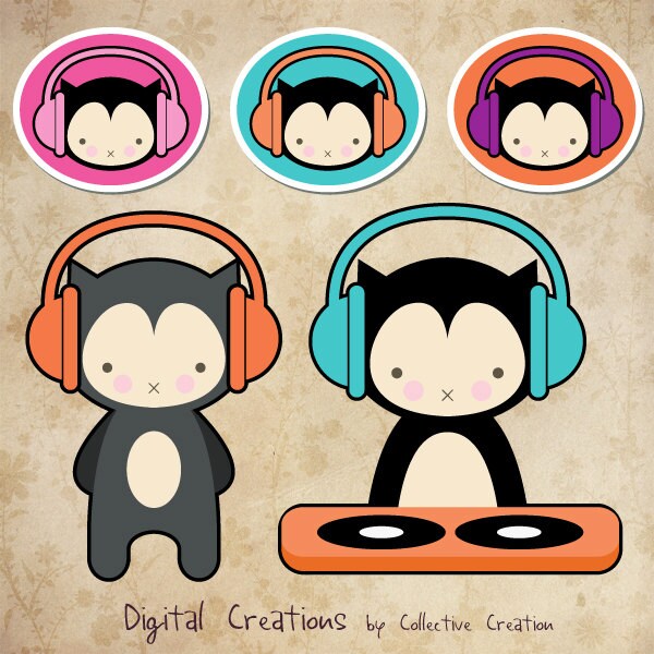 DJ Kool Kitty Digital Clipart Great for Scrapbooking, Card Making and ...