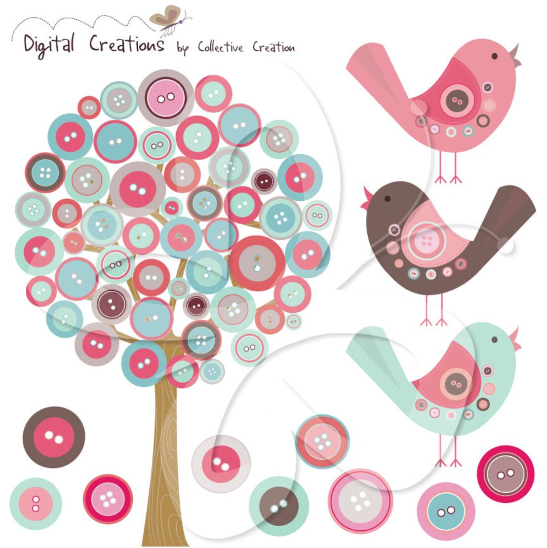 Button Tree and Birds Set 2 Digital Clip Art Clipart Personal and ...