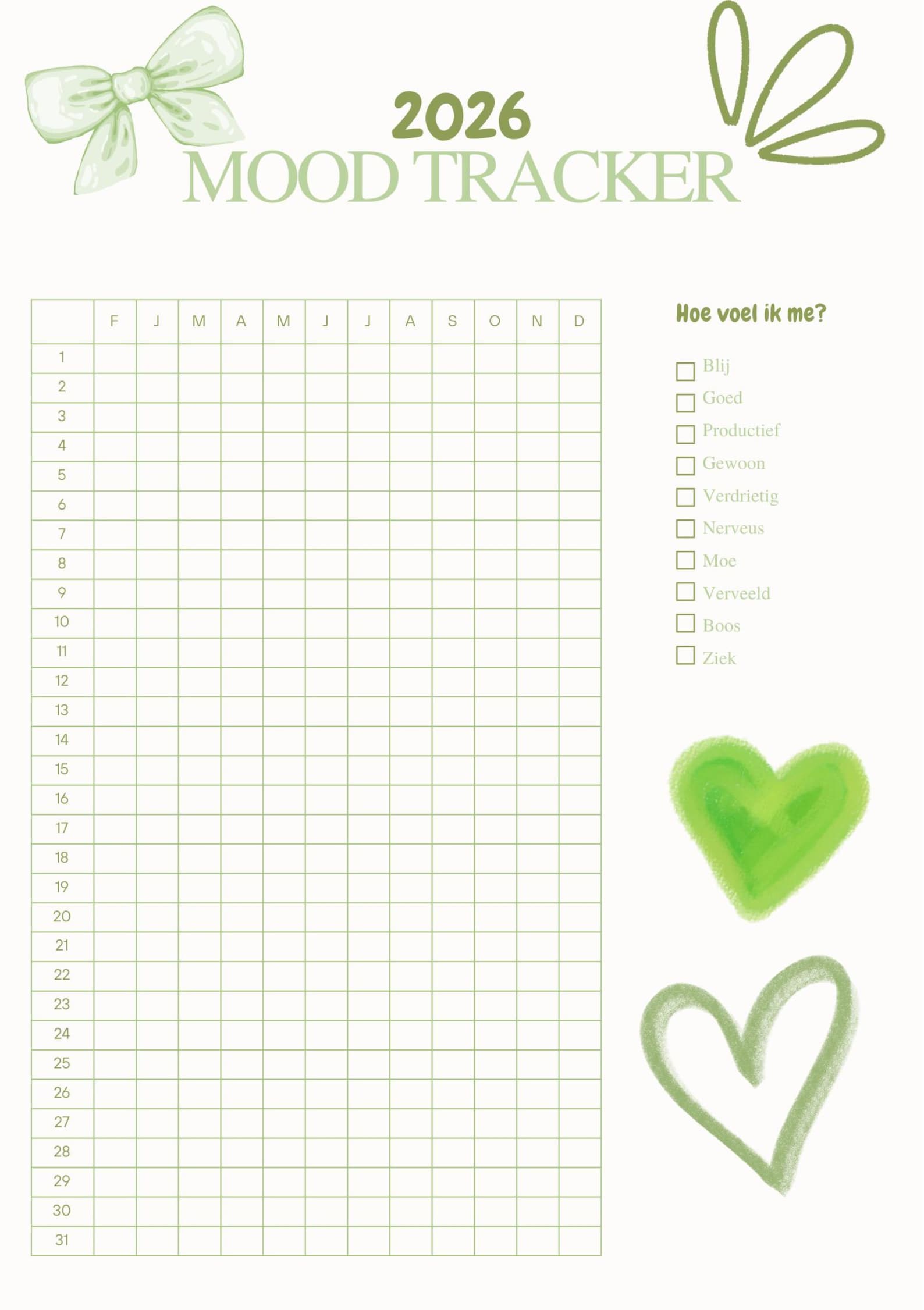 2026 Mood Tracker Printable | Groene Mood Tracker A5 | Jaaroverzicht Emoties | Journal Insert ...