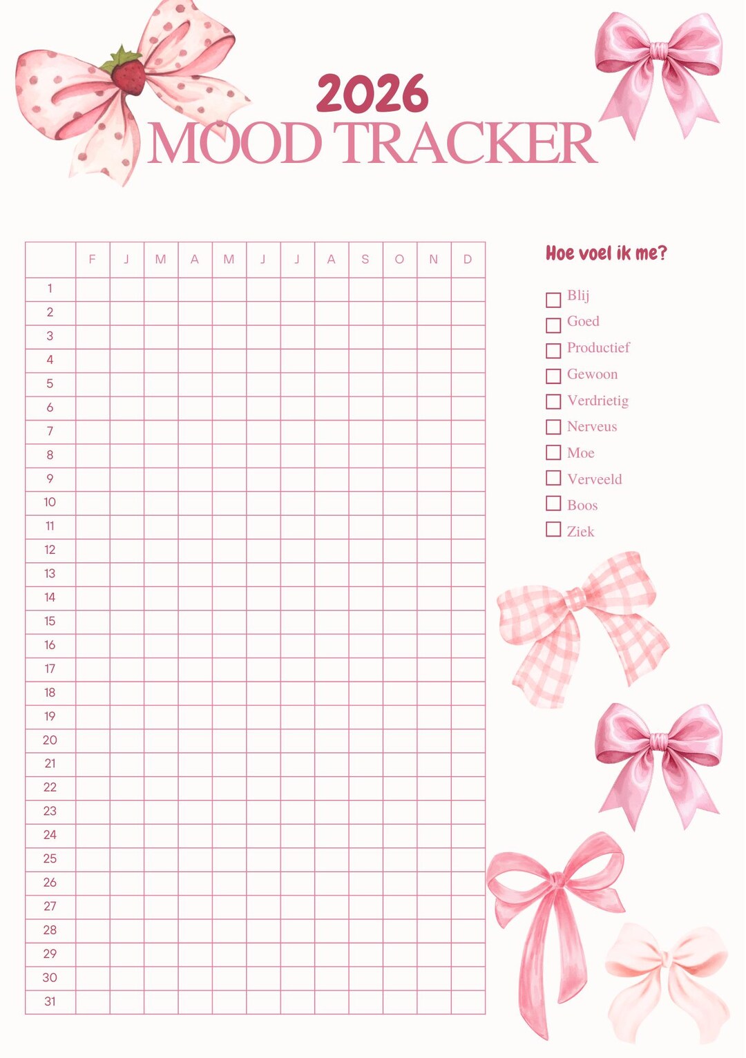 2026 Mood Tracker Printable | Pink Mood Tracker A5 | Yearly Emotions ...