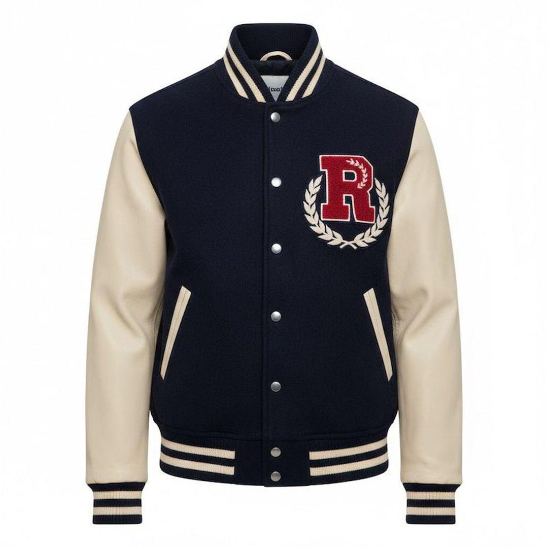 Varsity Letterman Jacket — Navy & Cream Bomber With Red R Patch, Retro ...