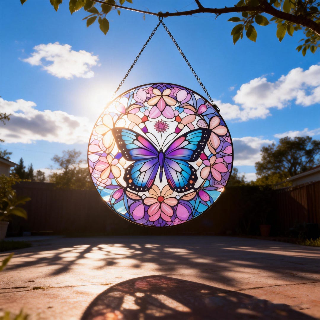 Butterfly Stained Glass Suncatcher, Floral Window Hanging, 9.8