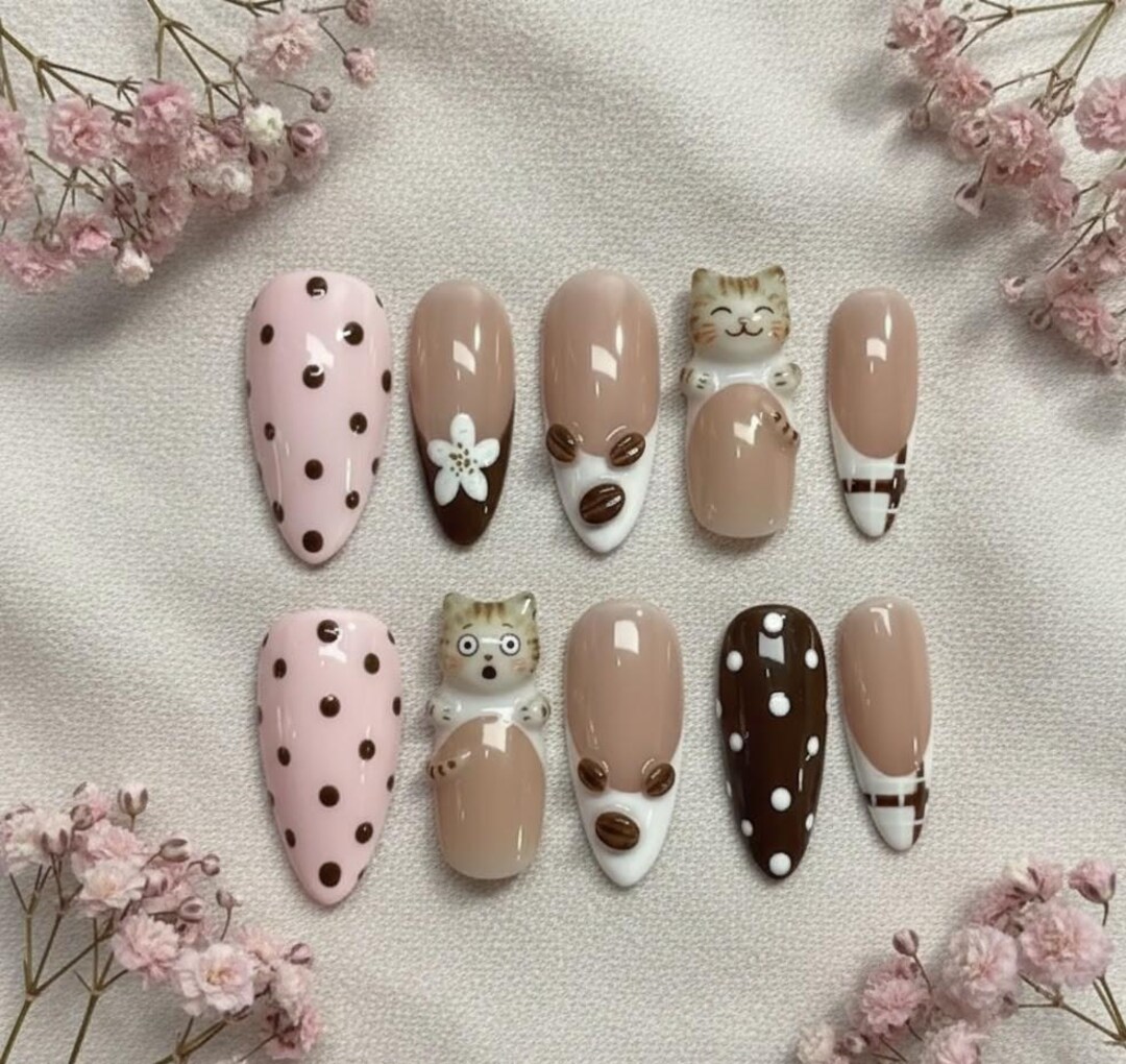 3D Cat Coffee Bean Press on Nails, Kawaii Handmade Brown Gel Nail Art ...