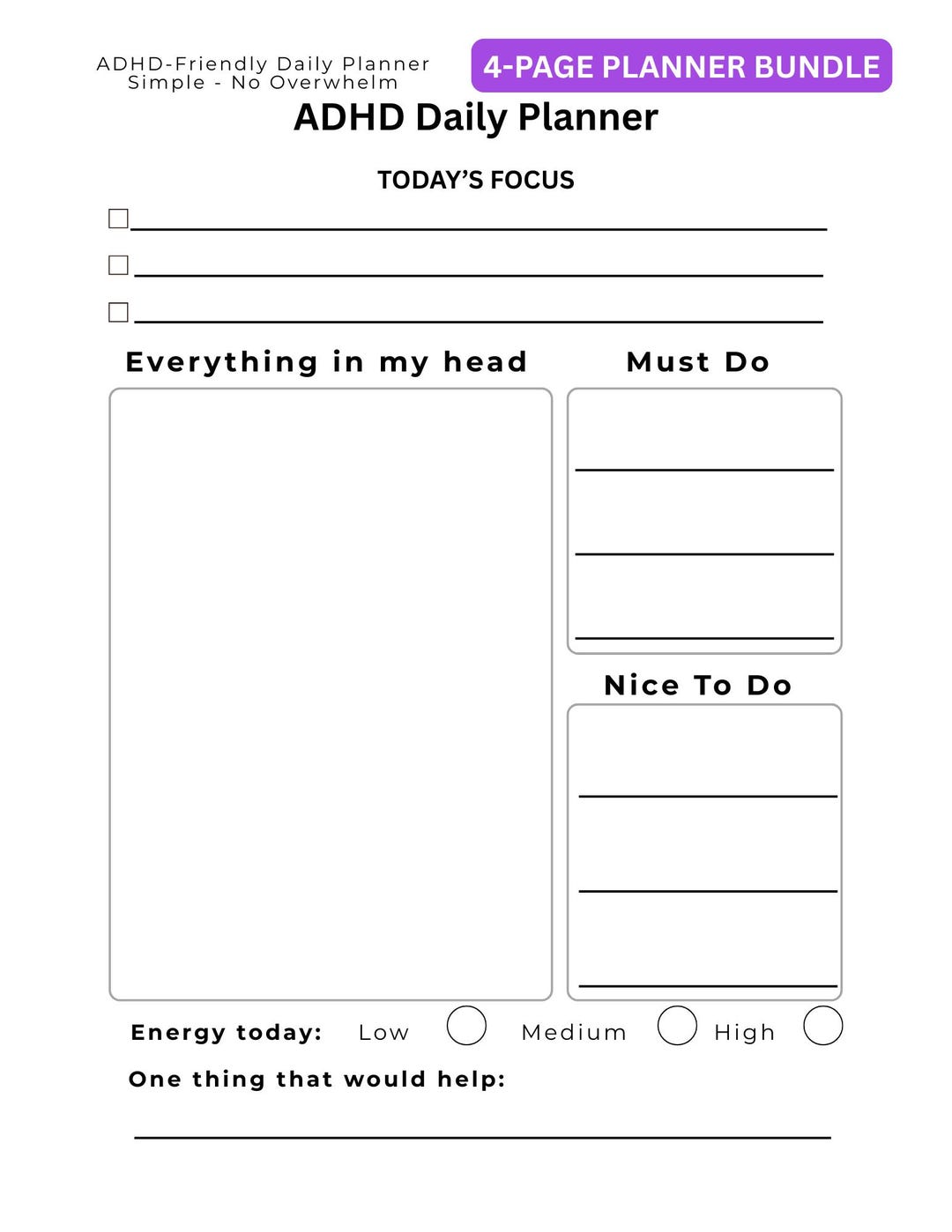 ADHD Planner Bundle for Adults | Daily Focus, Task Dump & Executive ...