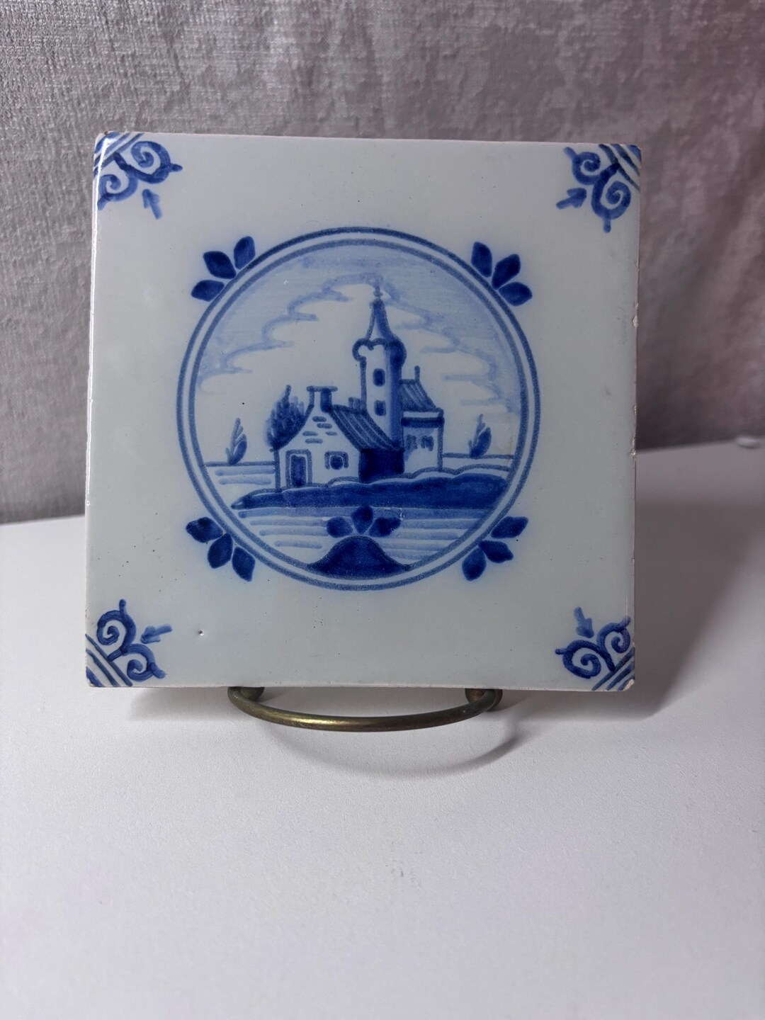 Delft Style Blue White Hand Painted Glazed Ceramic Tile Church Scene ...