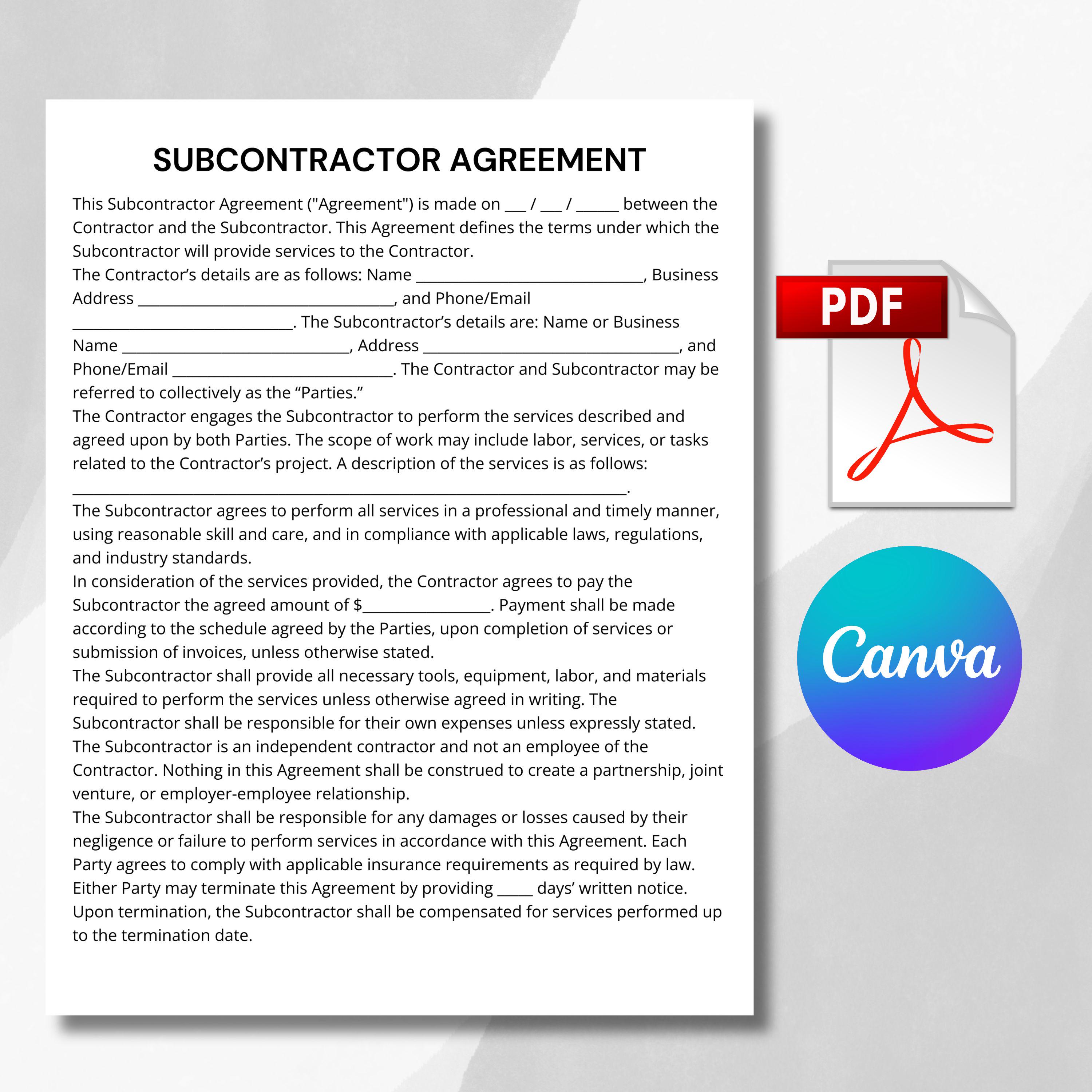 Subcontract Template, Subcontractor Forms, Subcontracting Contr ...