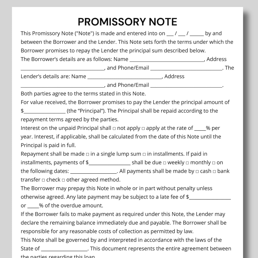 Editable Promissory Note Template, Single Page Personal Loan Agreement ...