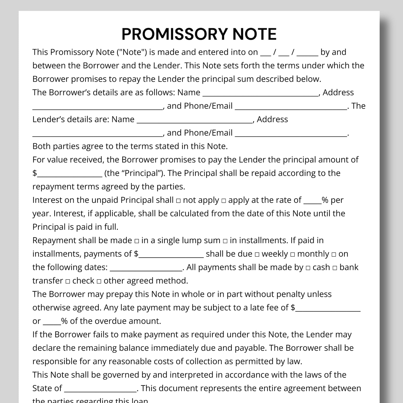 Editable Promissory Note Template, Single Page Personal Loan Agreement ...