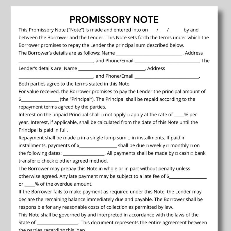 Editable Promissory Note Template, Single Page Personal Loan Agreement ...