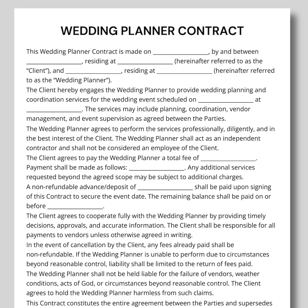 Wedding Planner Contract Template Service, Vendor Contract, Wedding ...