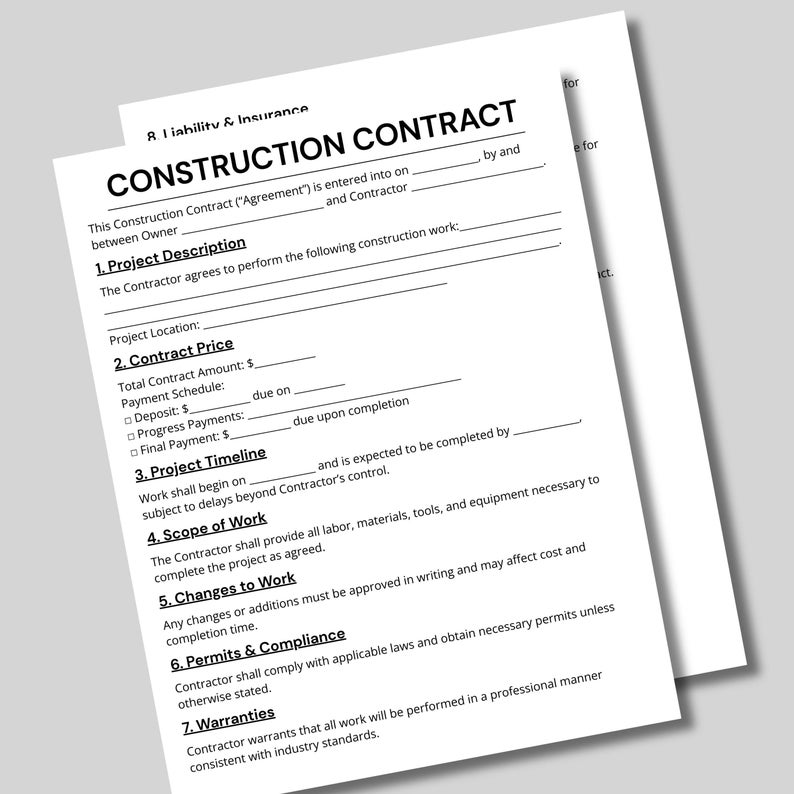Editable Construction Work Contract Agreement Template | Contractor ...