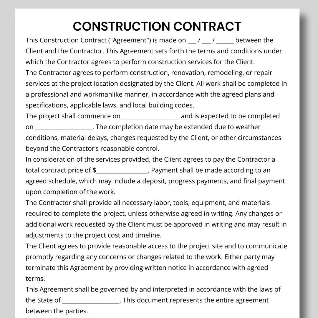 Editable Construction Work Contract, Contract Agreement, Contractor ...
