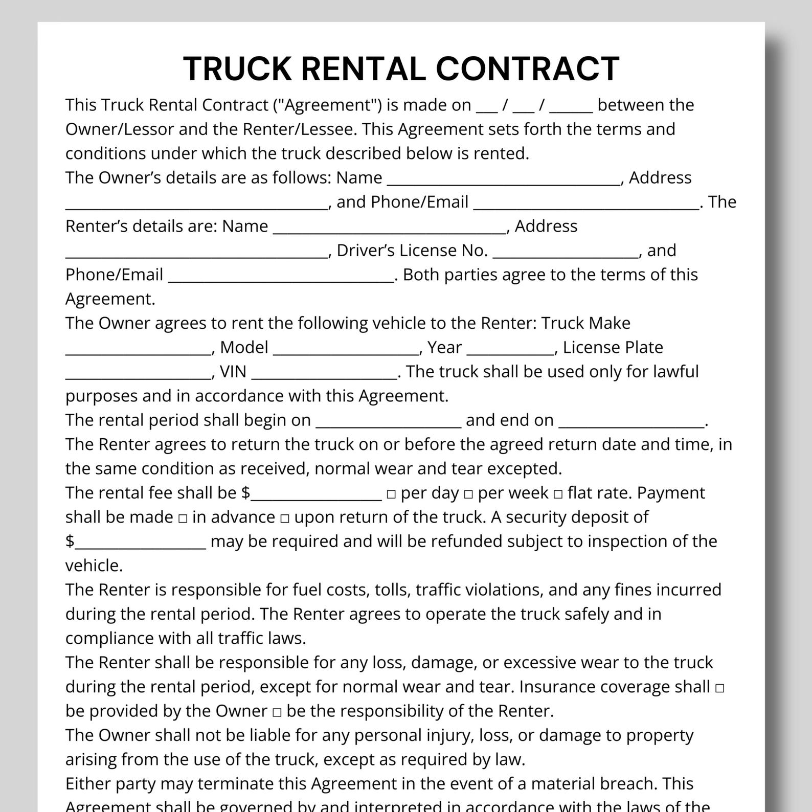 Truck Rental, Contract Template, Truck Rent, Truck Deal, Truck Hire ...