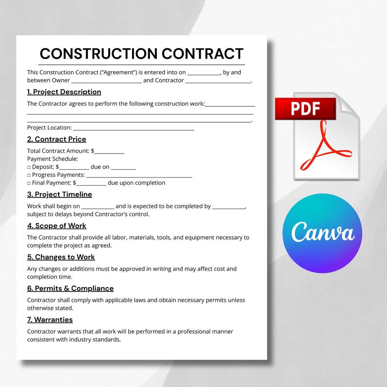 Editable Construction Work Contract Agreement Template | Contractor ...