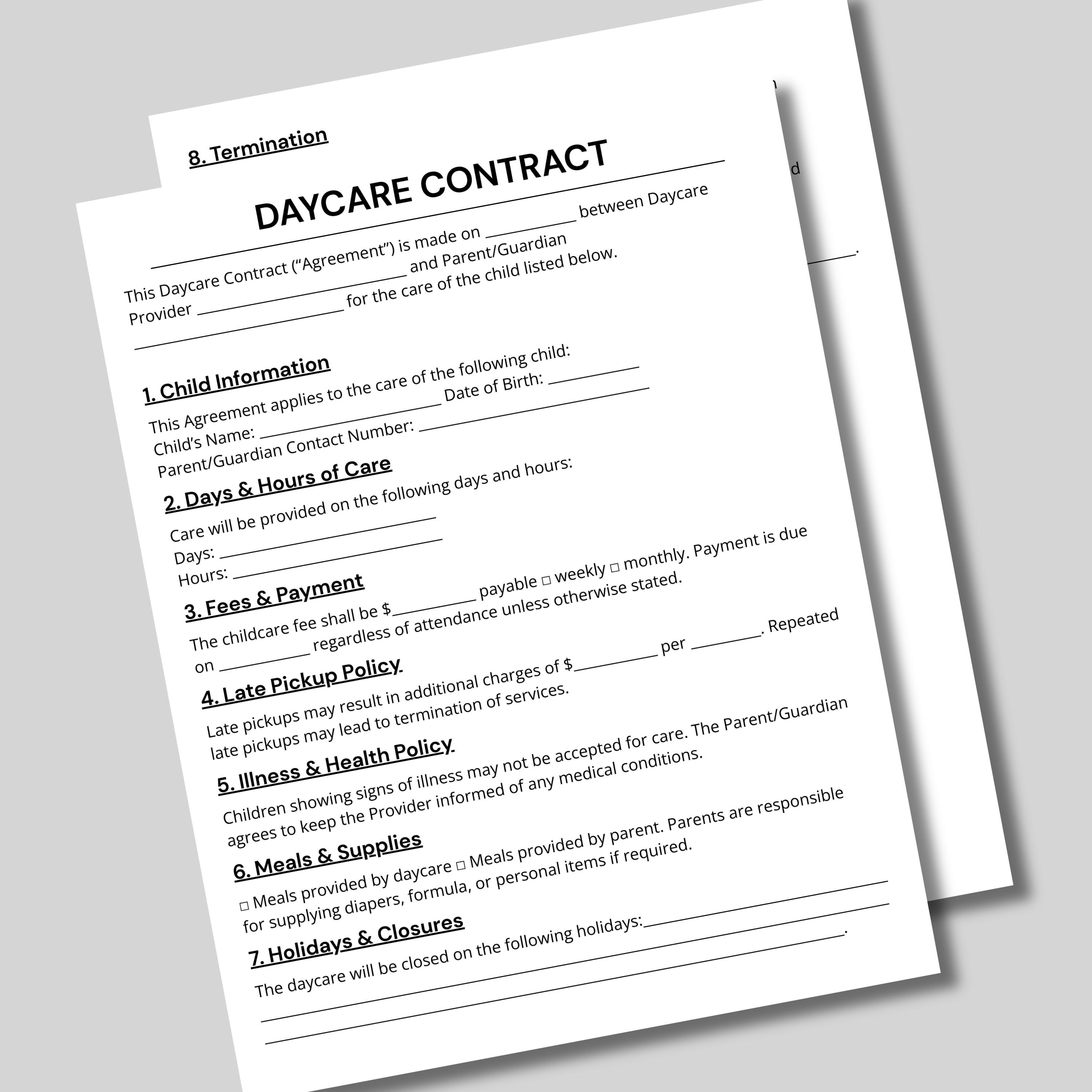 Daycare Contract, Daycare Forms, Childcare Forms, Daycare Agreement ...