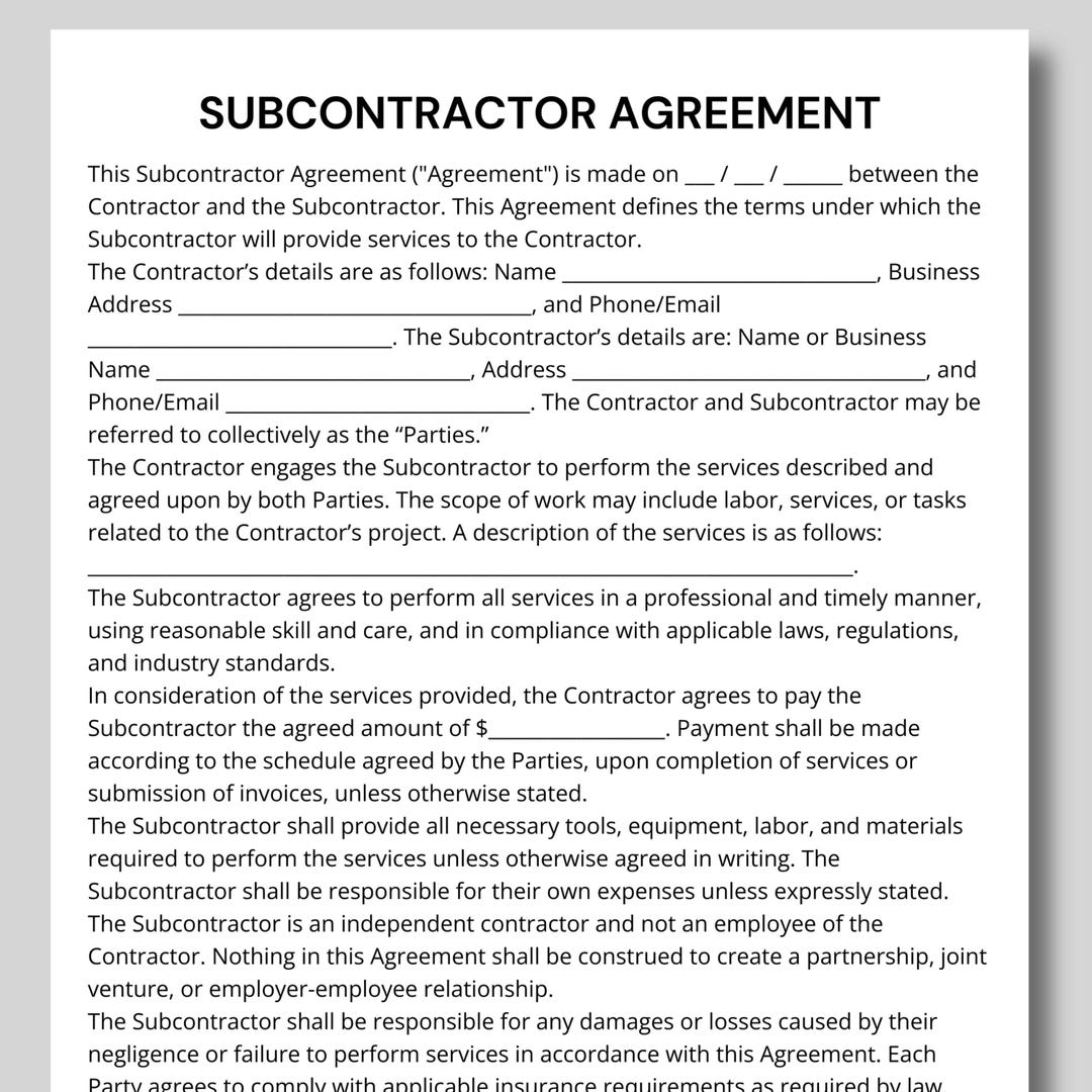 Subcontract Template, Subcontractor Forms, Subcontracting Contr ...