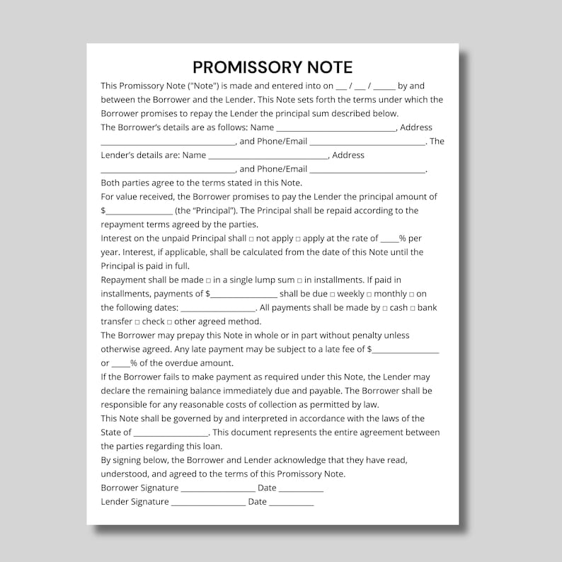 Editable Promissory Note Template, Single Page Personal Loan Agreement ...
