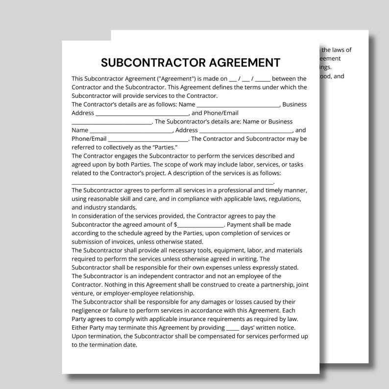 Subcontract Template, Subcontractor Forms, Subcontracting Contr ...