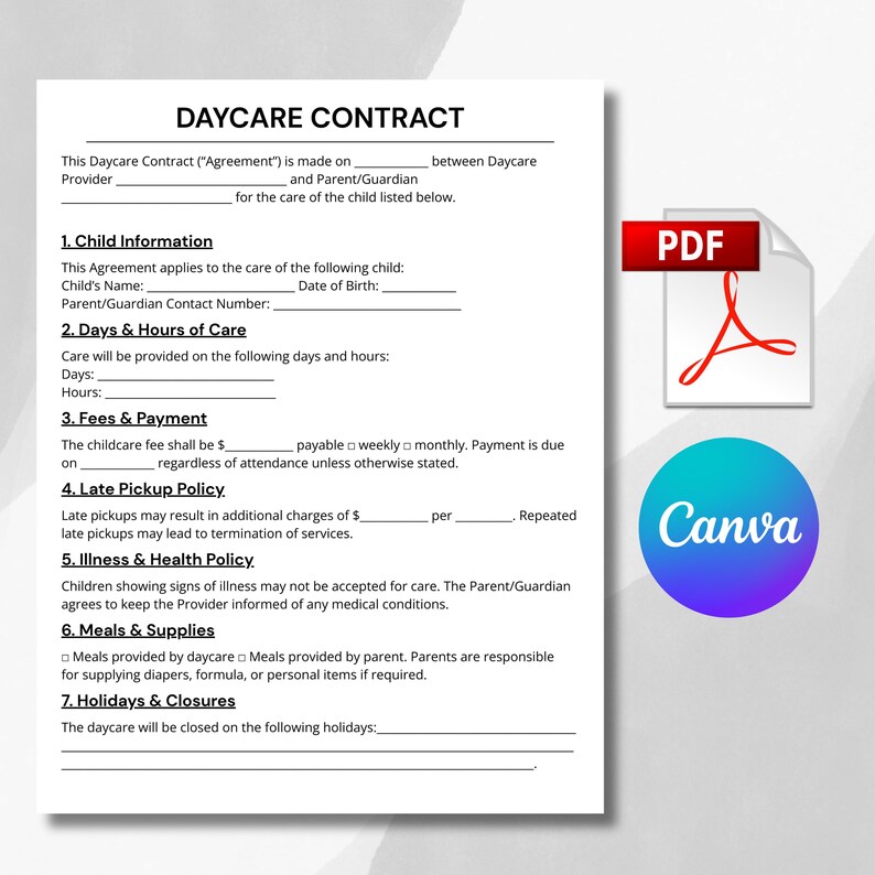 Daycare Contract, Daycare Forms, Childcare Forms, Daycare Agreement ...