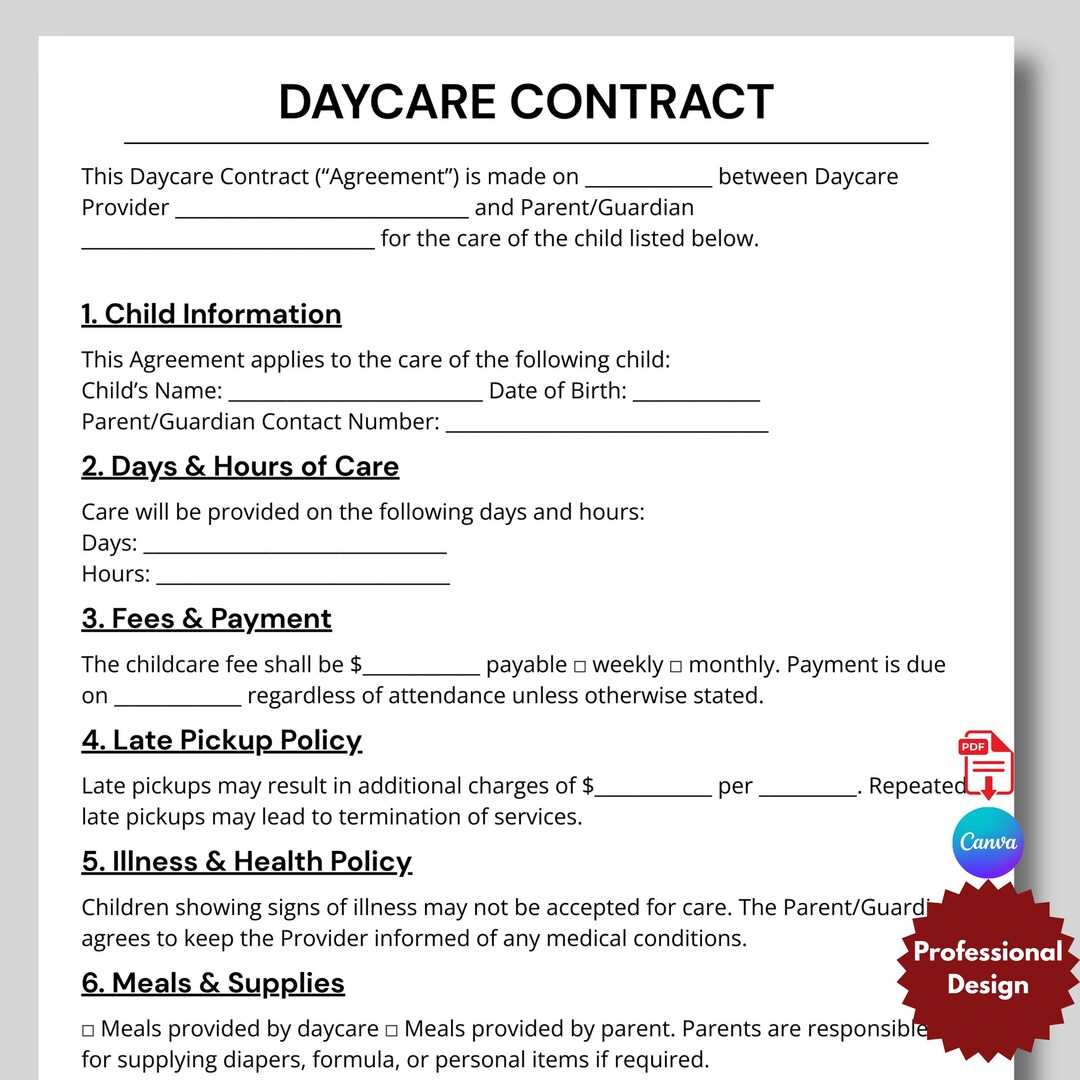 Daycare Contract, Daycare Forms, Childcare Forms, Daycare Agreement ...