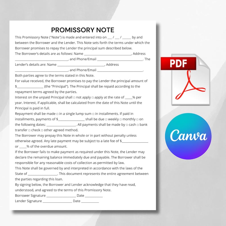 Editable Promissory Note Template, Single Page Personal Loan Agreement ...