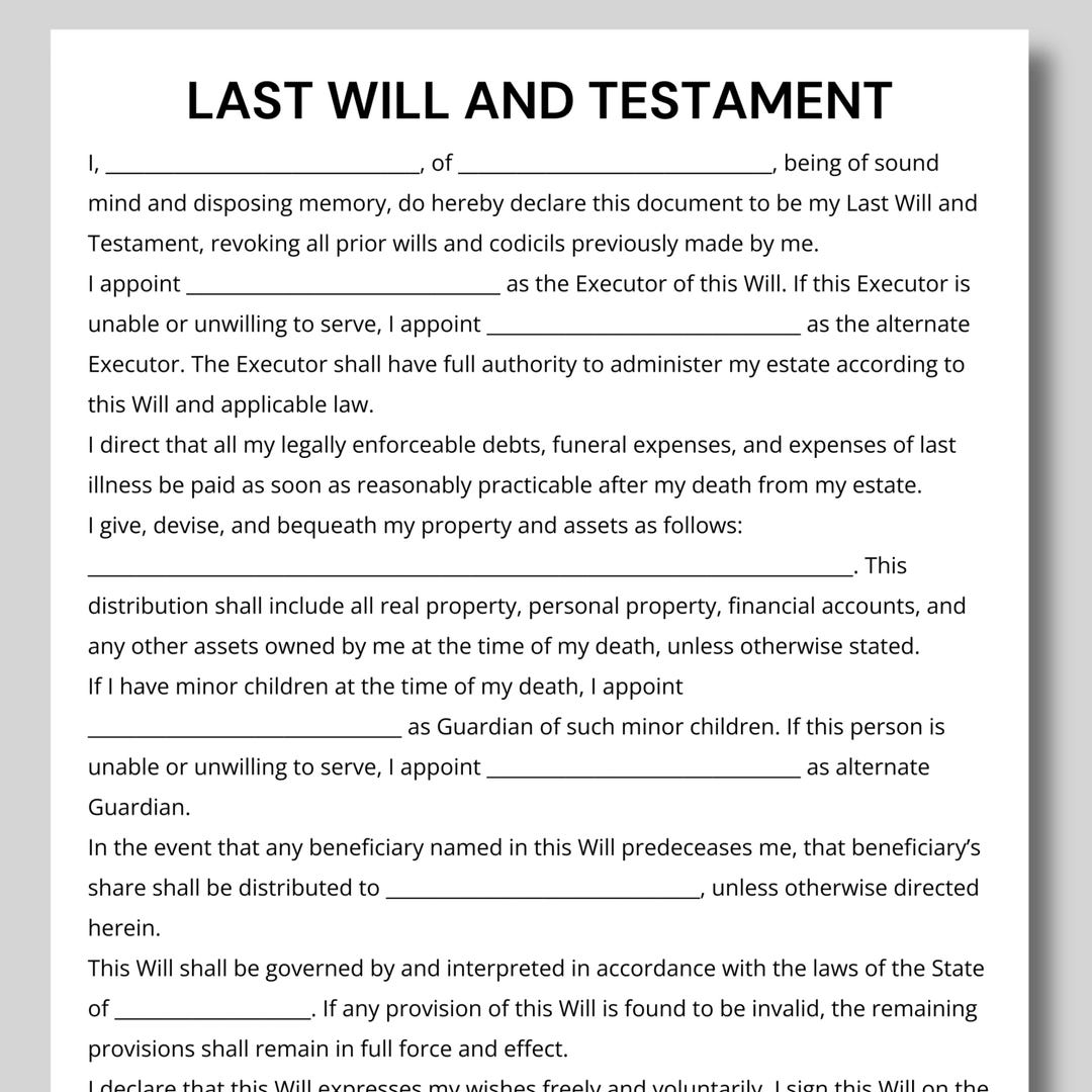 Last Will and Testament Template, Personalized Will, Trusts Template ...