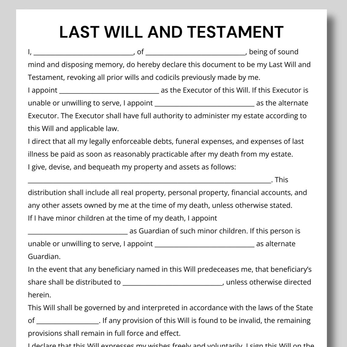 Last Will and Testament Template, Personalized Will, Trusts Template ...
