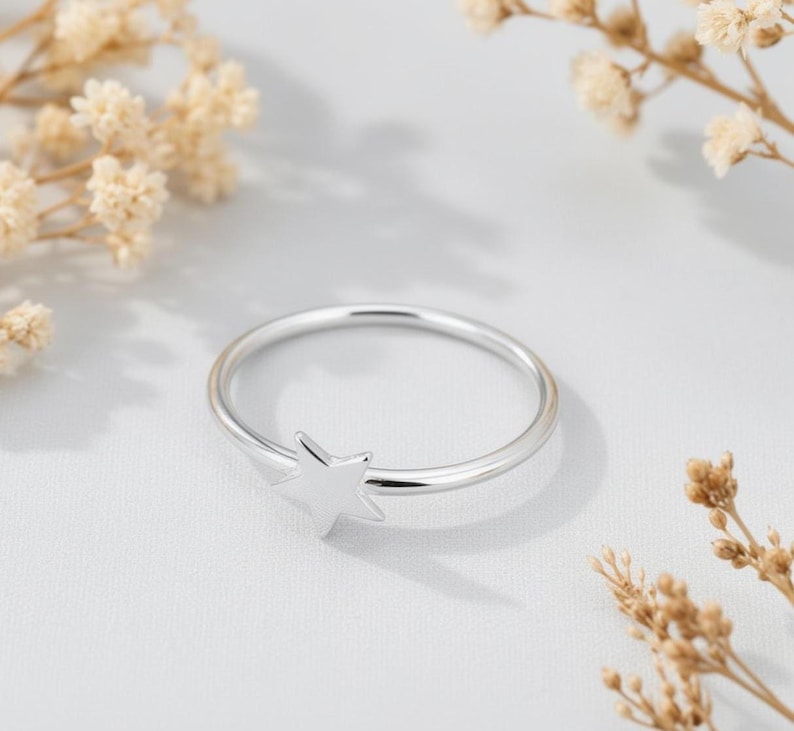 925 Sterling Silver Dainty Star Ring Minimalist Celestial Stacking Band ...