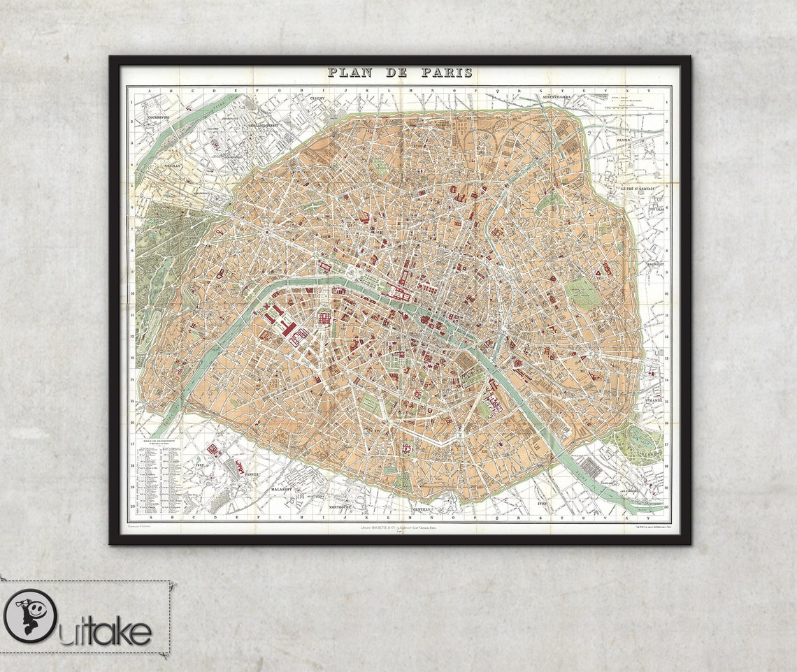 Old map of Paris Plan de Paris 1892 framed print 047 | Etsy