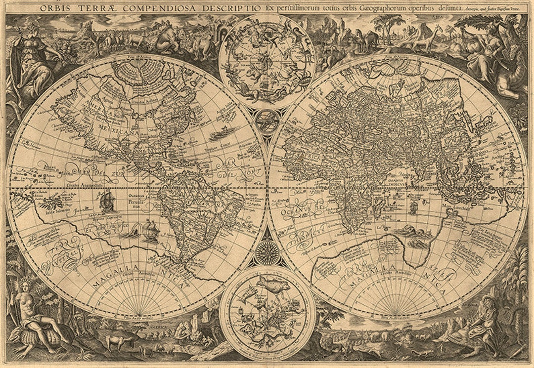 Old Map World Map 1596 Poster Print Vintage Map of the World Size 16 X ...