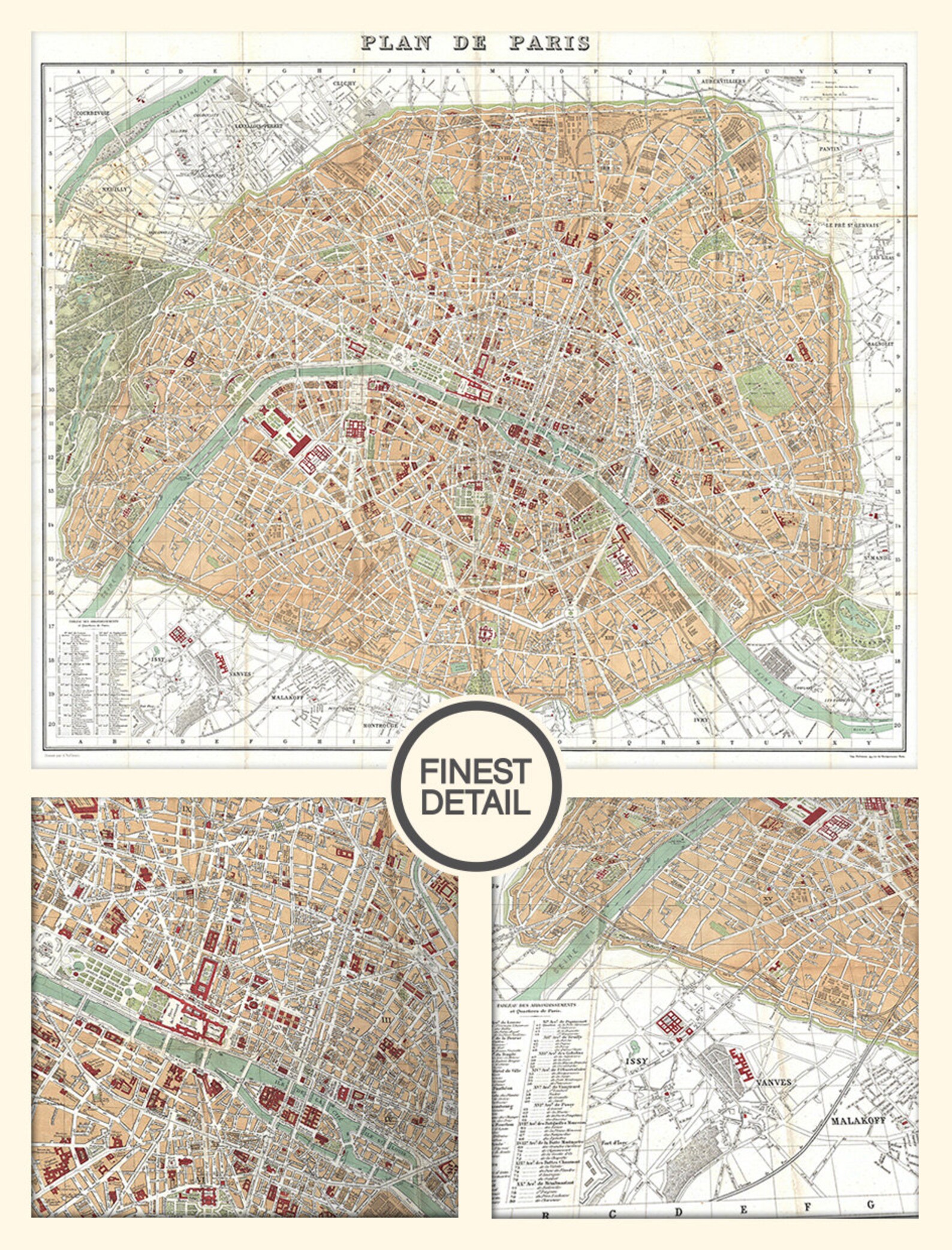 Old map of Paris Plan de Paris 1892 framed print 047 | Etsy
